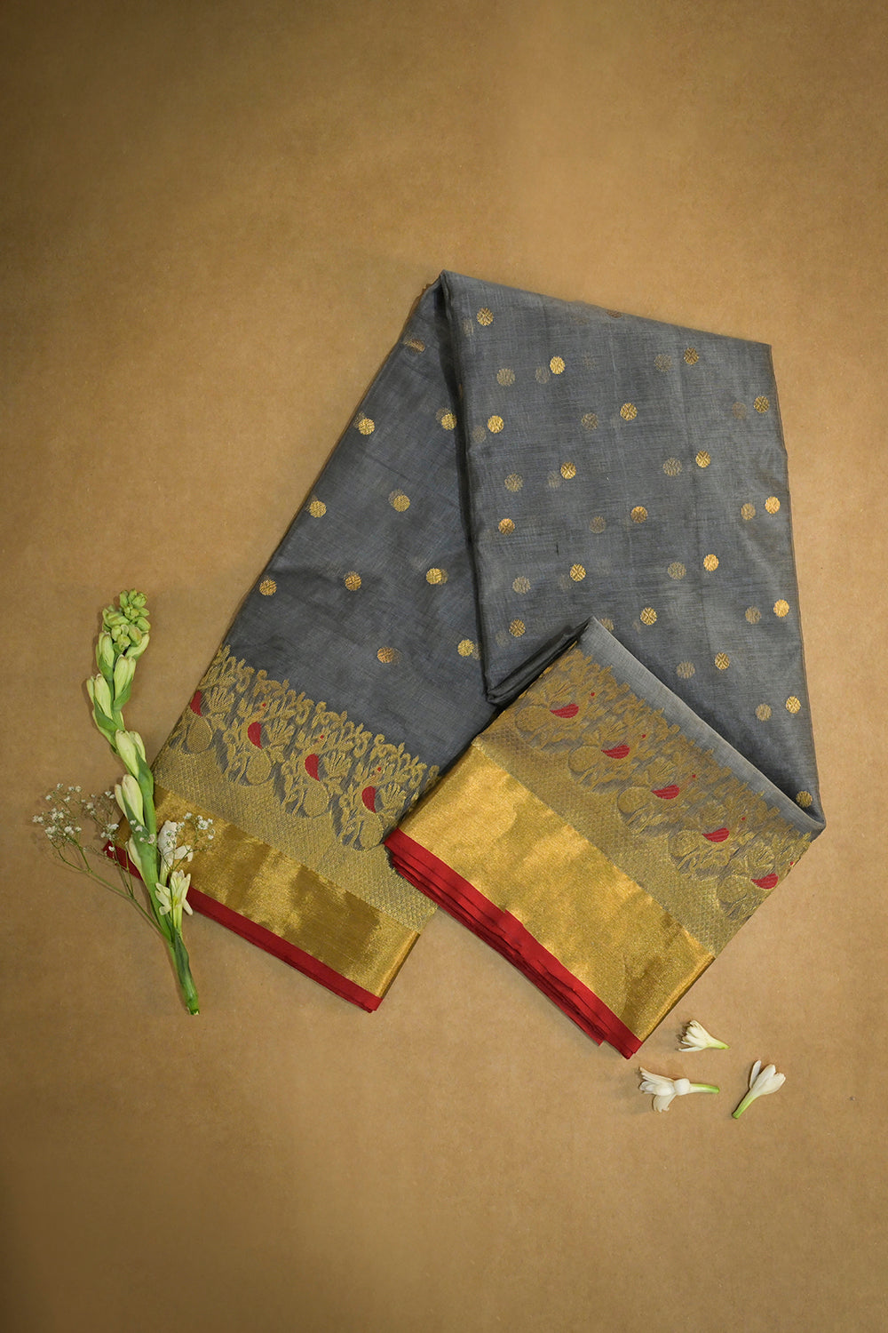 Chanderi Woven Jari Motifs With Jari Double Border